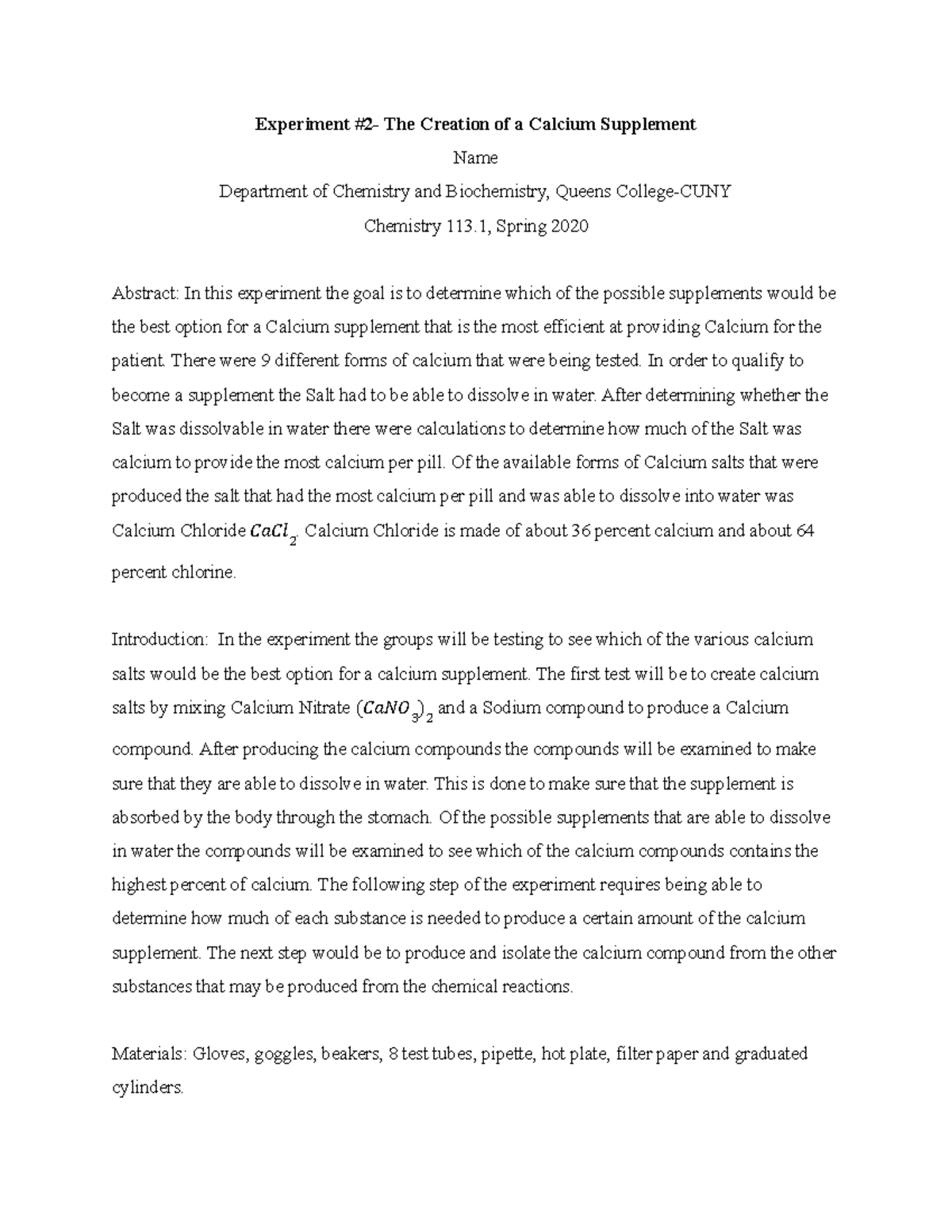 Lab Report #2- Calcium - Experiment #2- The Creation of a Calcium ...