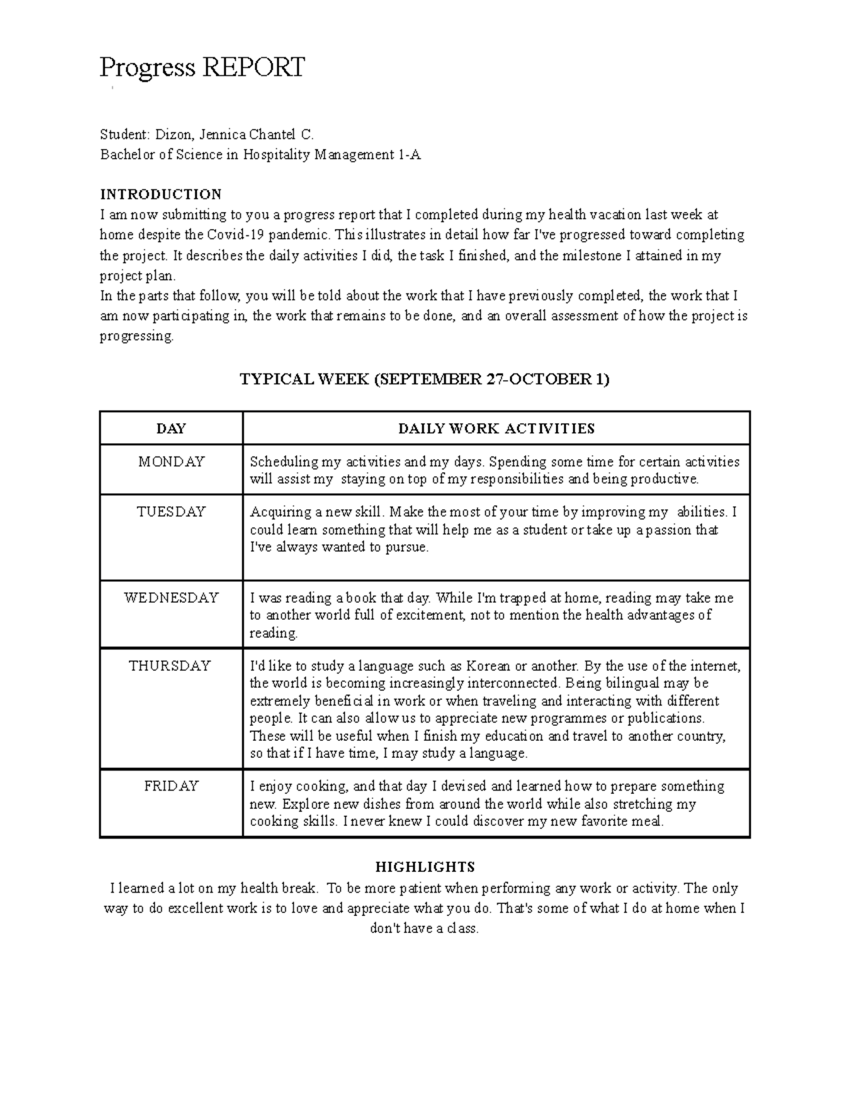 Module 3 Socmob W. Report II. - Progress REPORT Student: Dizon, Jennica ...