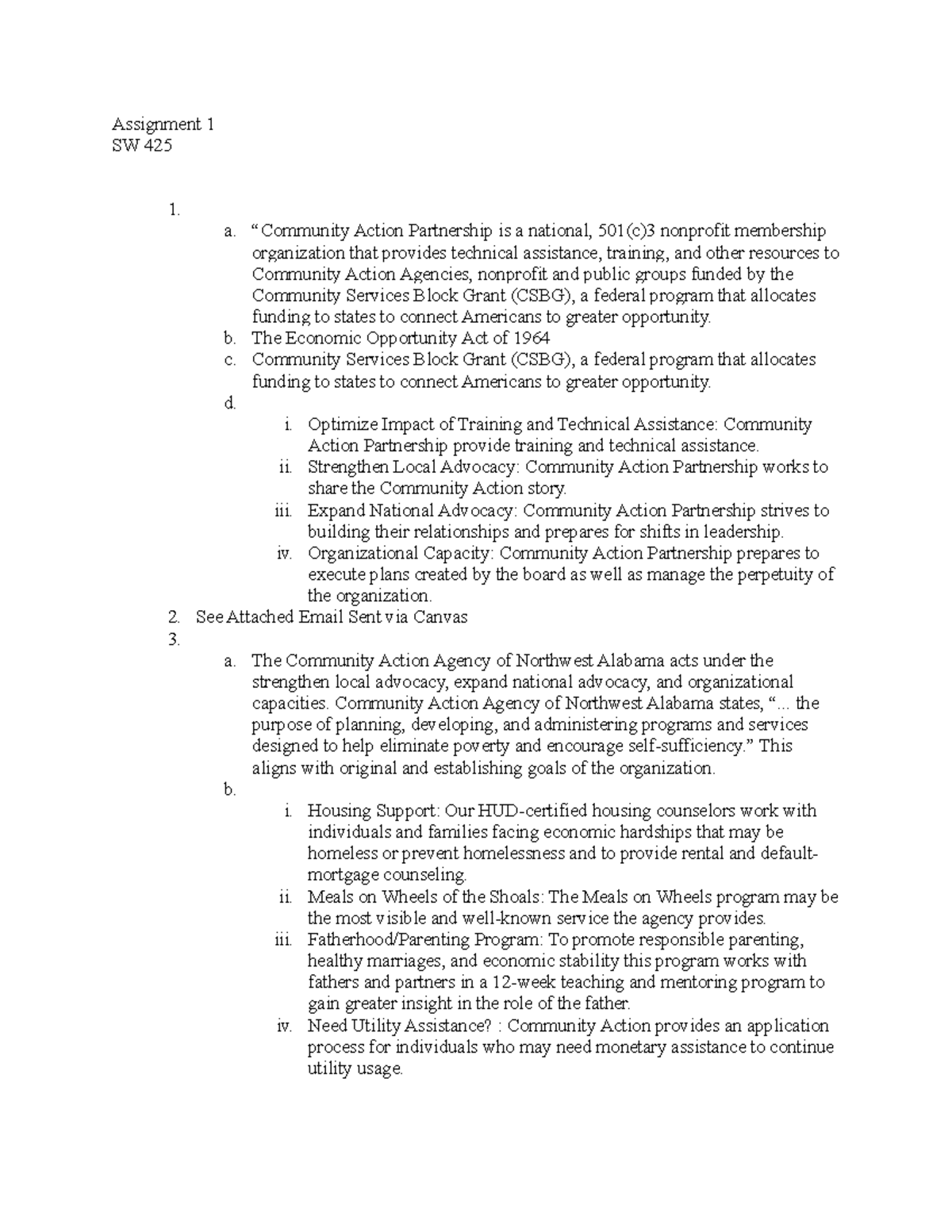 SW 361 Assignment 1 - Assignment 1 SW 425 1. a. “Community Action ...