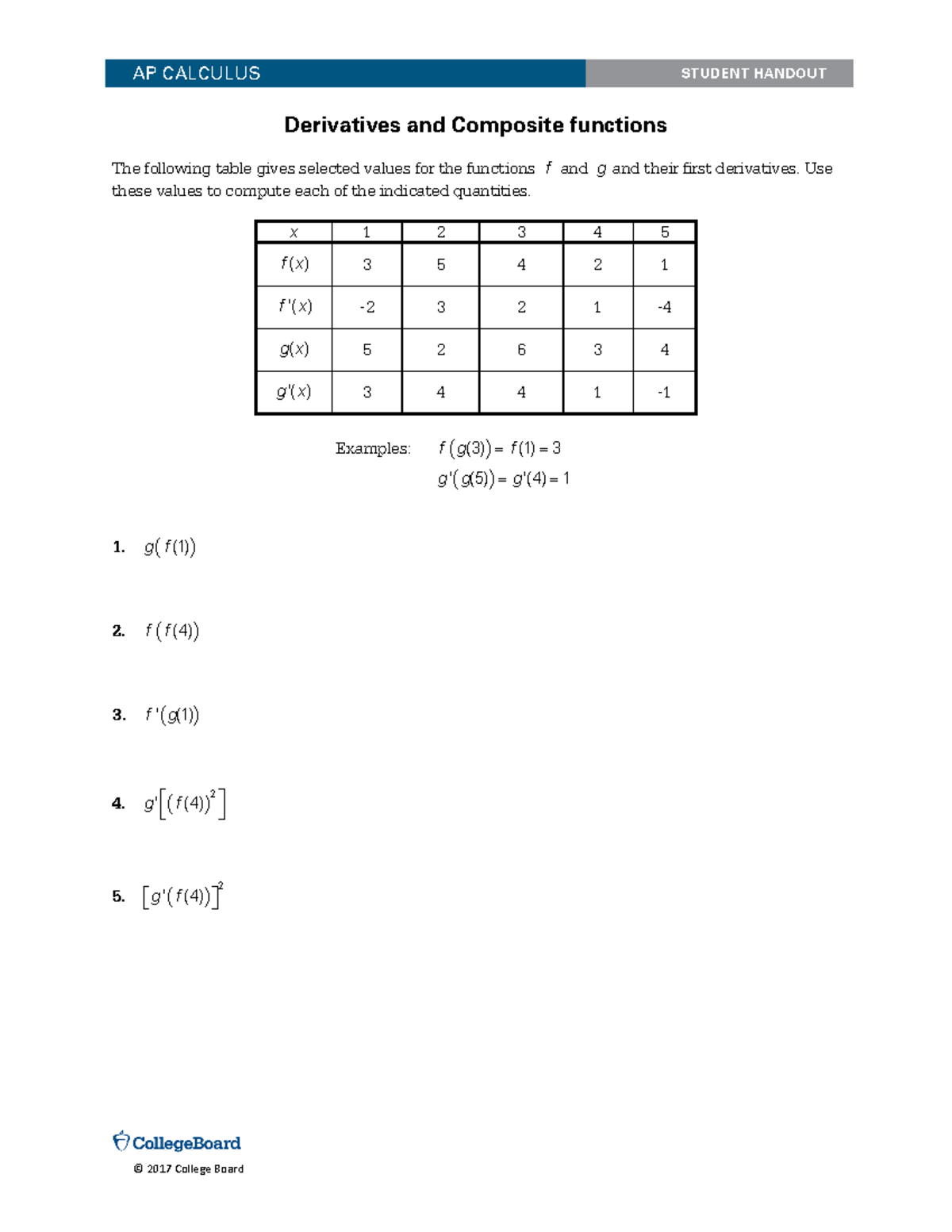 Handout Student - Applying the Chain Rule for Derivatives of Composite Functions - Derivatives ...