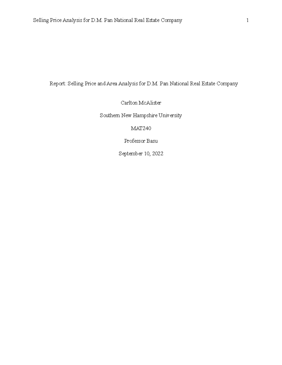 MAT 240 Module Two Assignment - Selling Price Analysis for D. Pan ...
