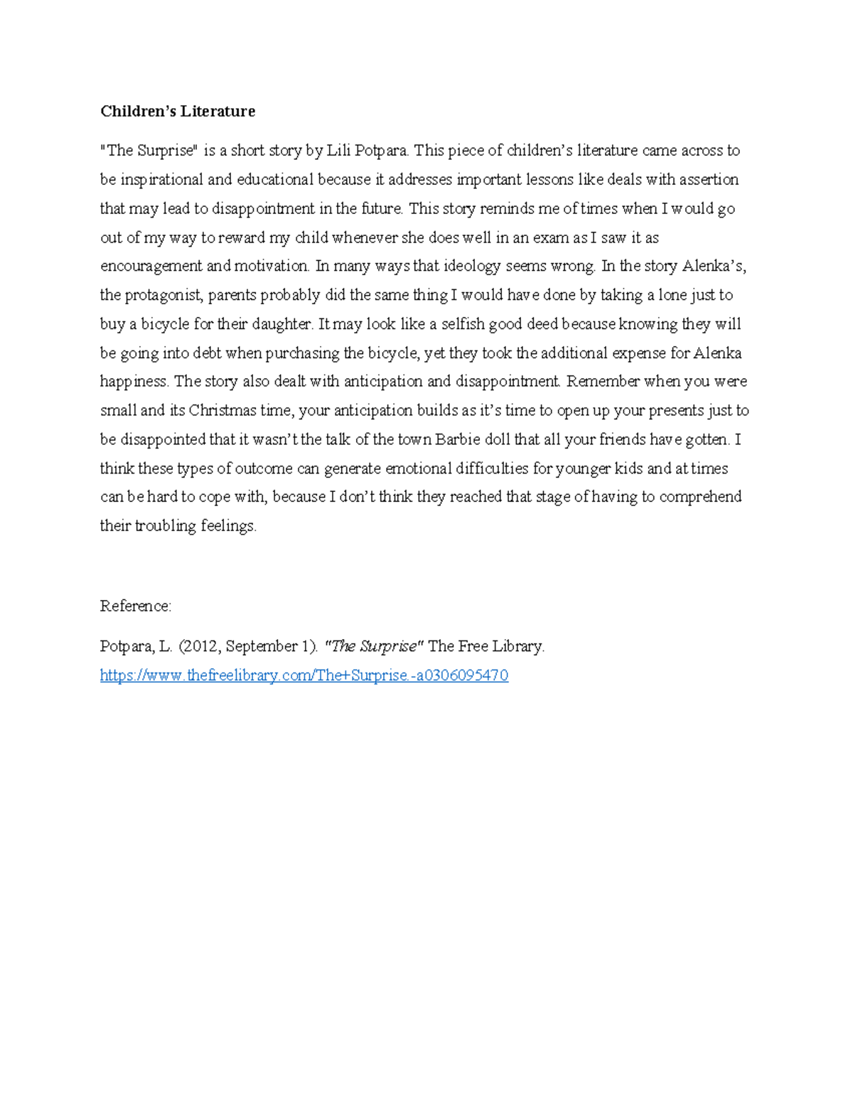 ENGL 1405 discussion forum unit 7 - Children’s Literature "The Surprise ...