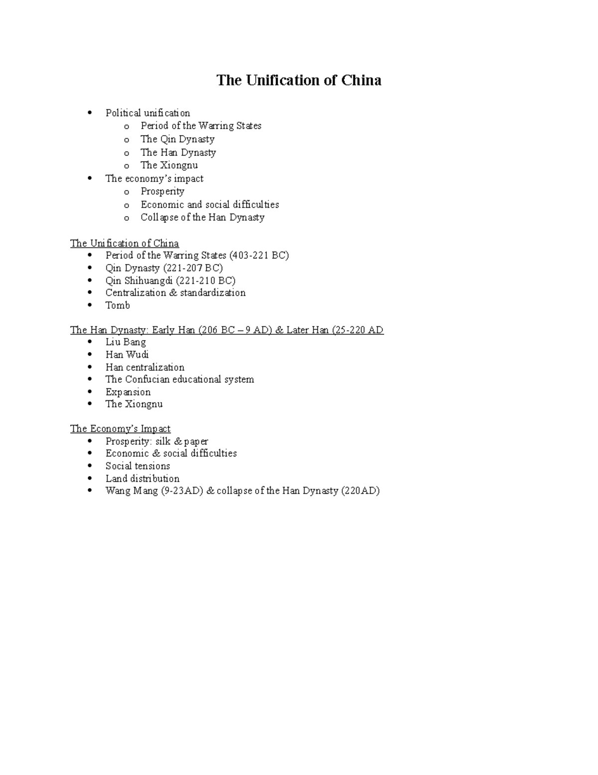 The Unification of China - Studocu