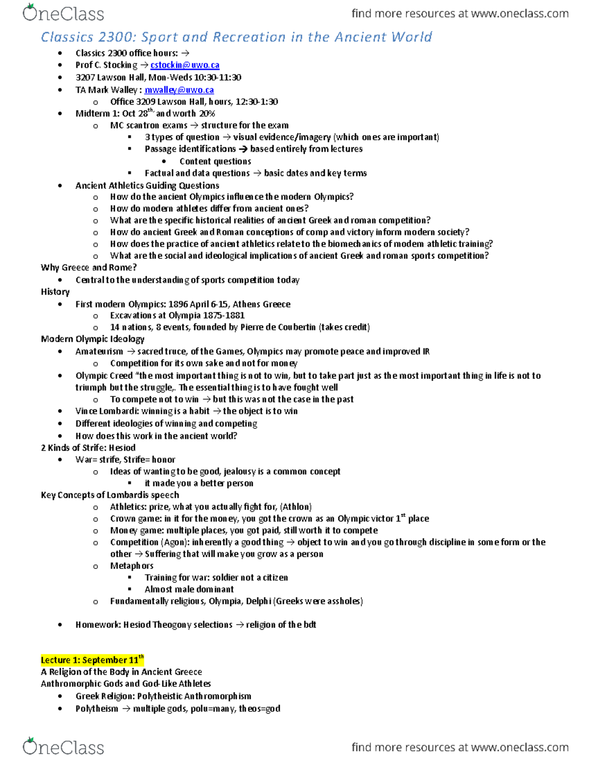 Classics 2300 lectures one class - Classics 2300: Sport and Recreation in the Ancient World ...