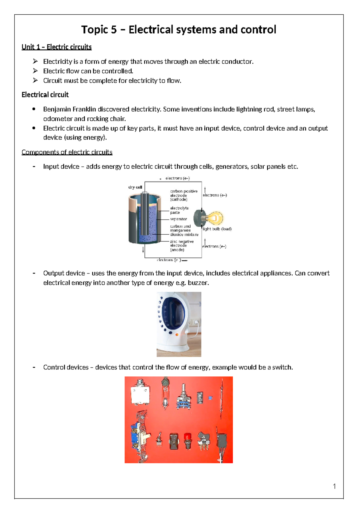 Topic 5 Gr 10 2019 F - Topic 5 – Electrical systems and control Unit 1 ...