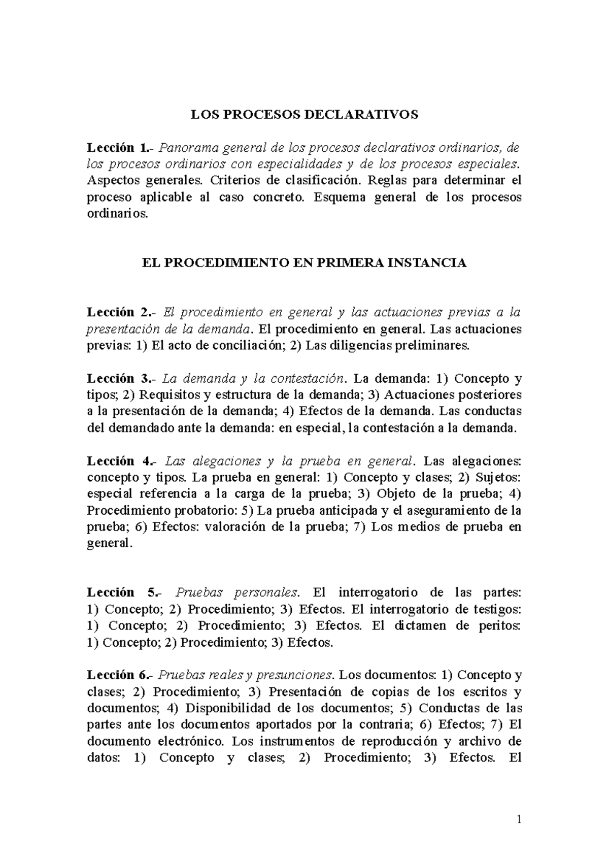 Programa Derecho Procesal Civil II 2020-2021- LOS PROCESOS DECLARATIVOS Lección 1.- Panorama ...