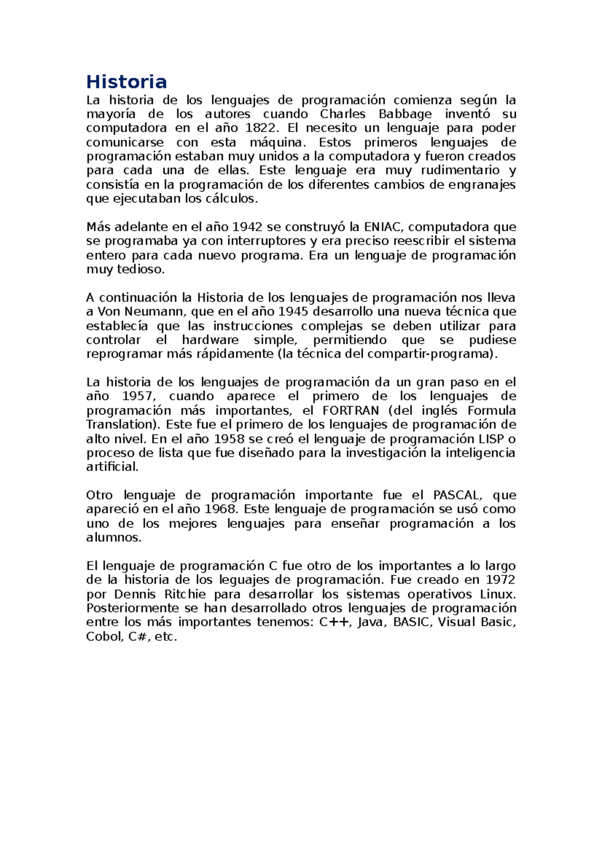 Historia de la computacion - Historia La historia de los lenguajes de ...