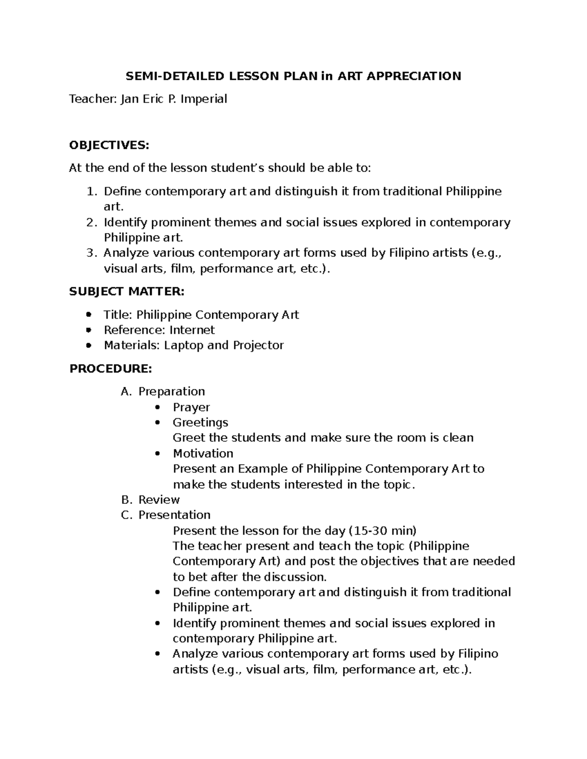 SEMI- Detailed LP Imperial - SEMI-DETAILED LESSON PLAN in ART ...