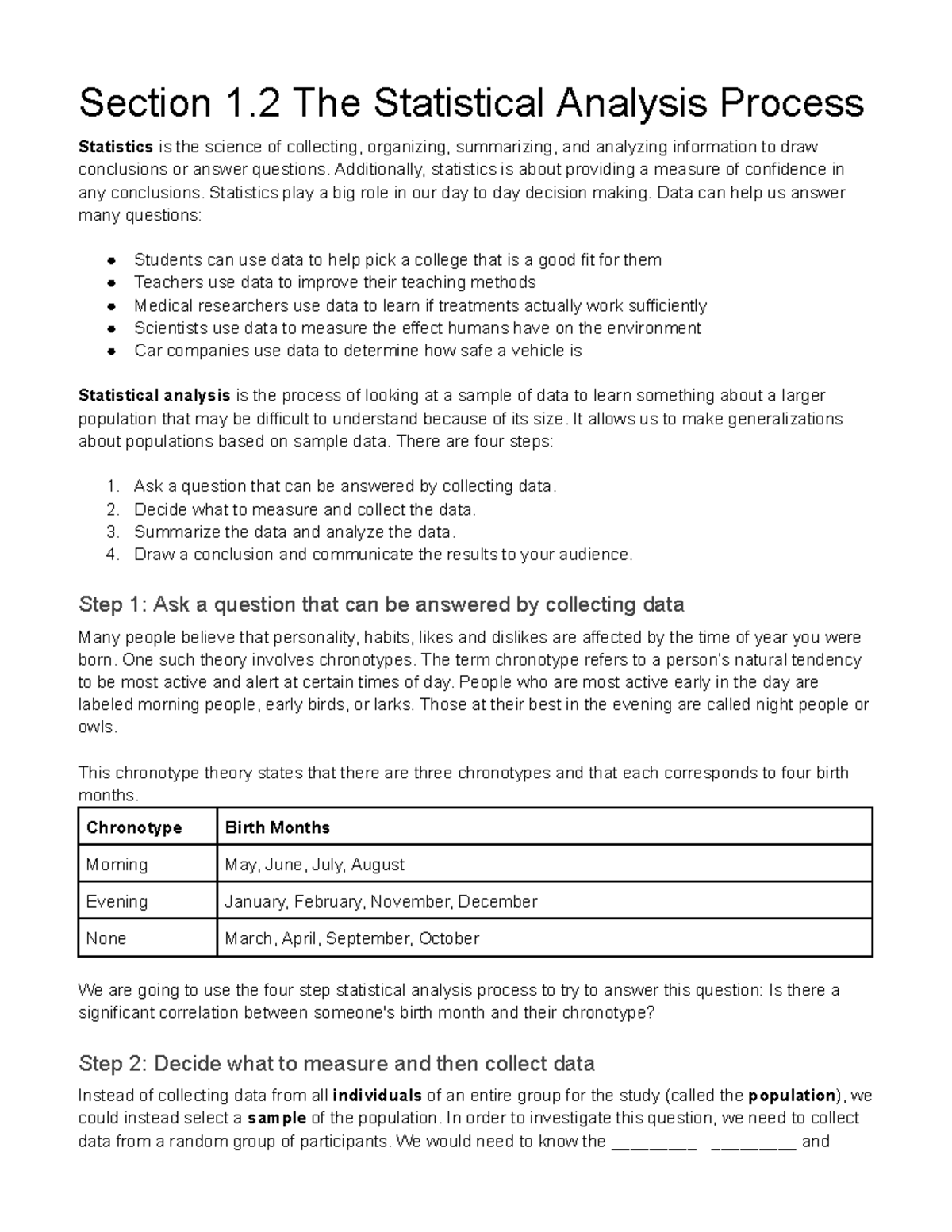 Section 1.2 The Statistical Analysis Process - Google Docs - Section 1 ...