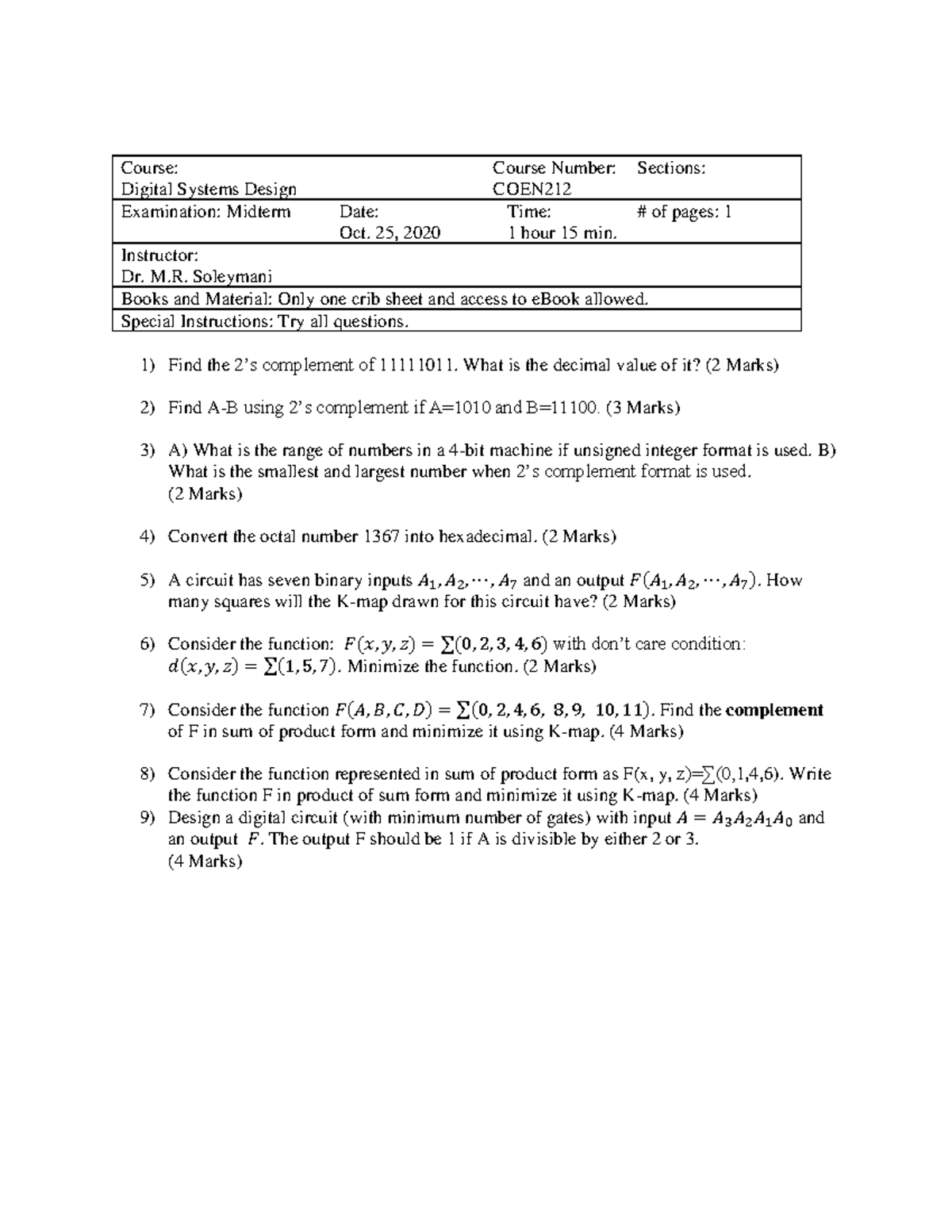 Sample Problems for Midterm Coen212 - Course: Digital Systems Design ...