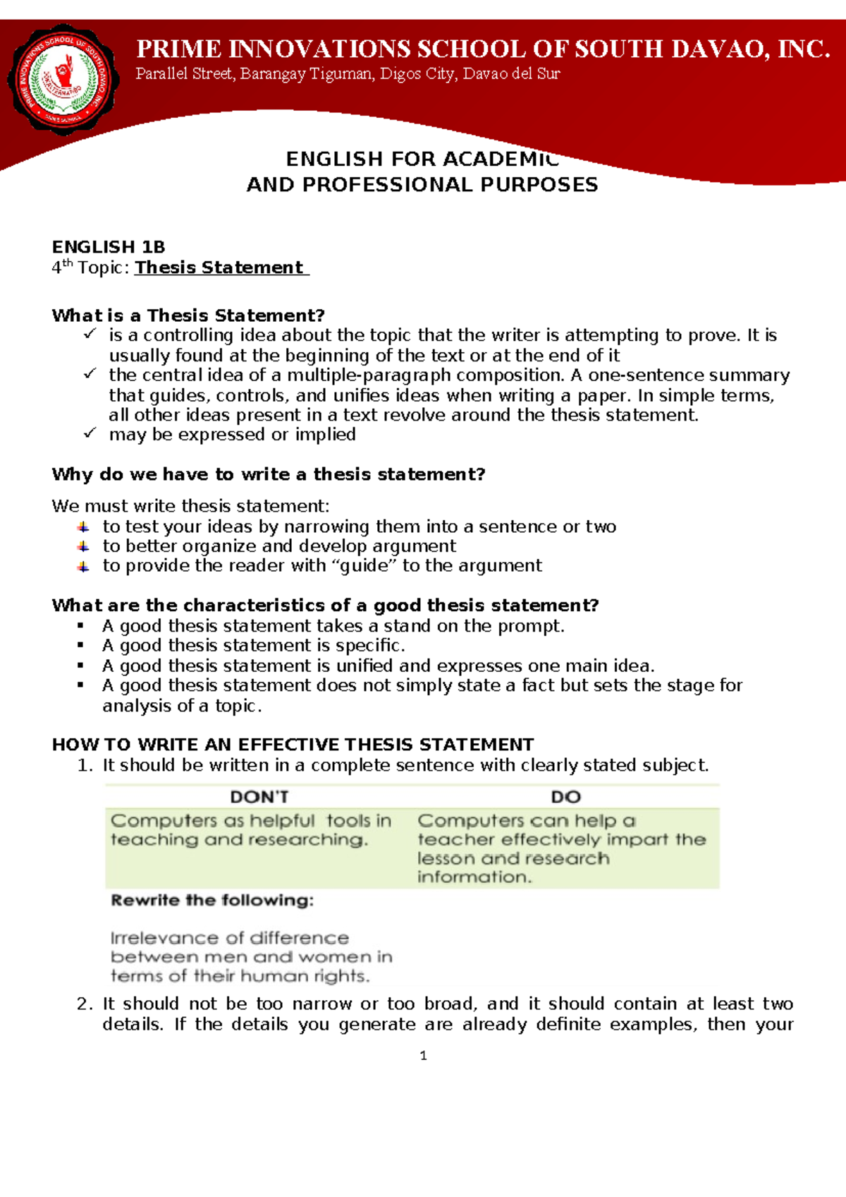 ENG1B - Topic 4 - This is a simple handout for English. - ENGLISH FOR ...