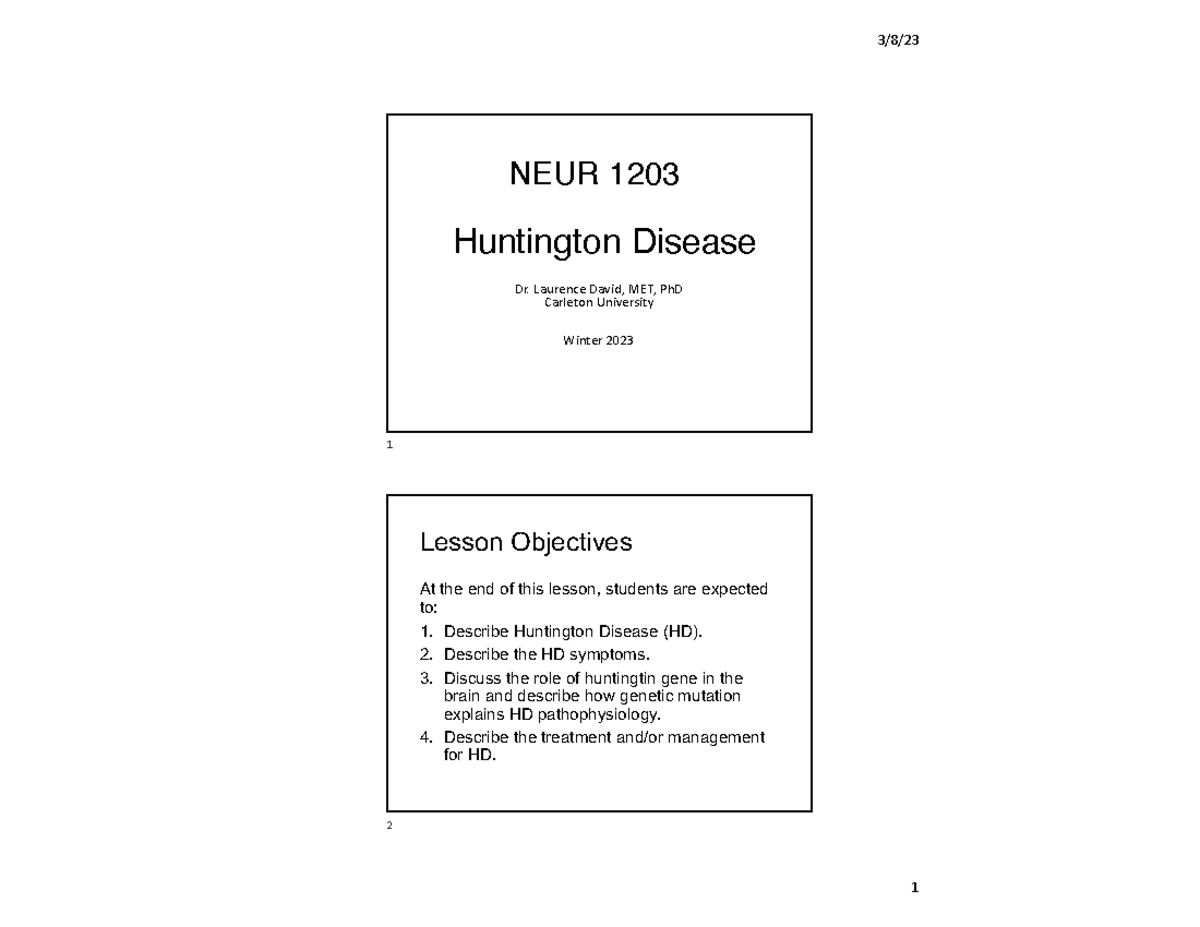 NEUR 1203- Lecture 9 - NEUR 1203 Dr. Laurence David, MET, PhD Carleton ...
