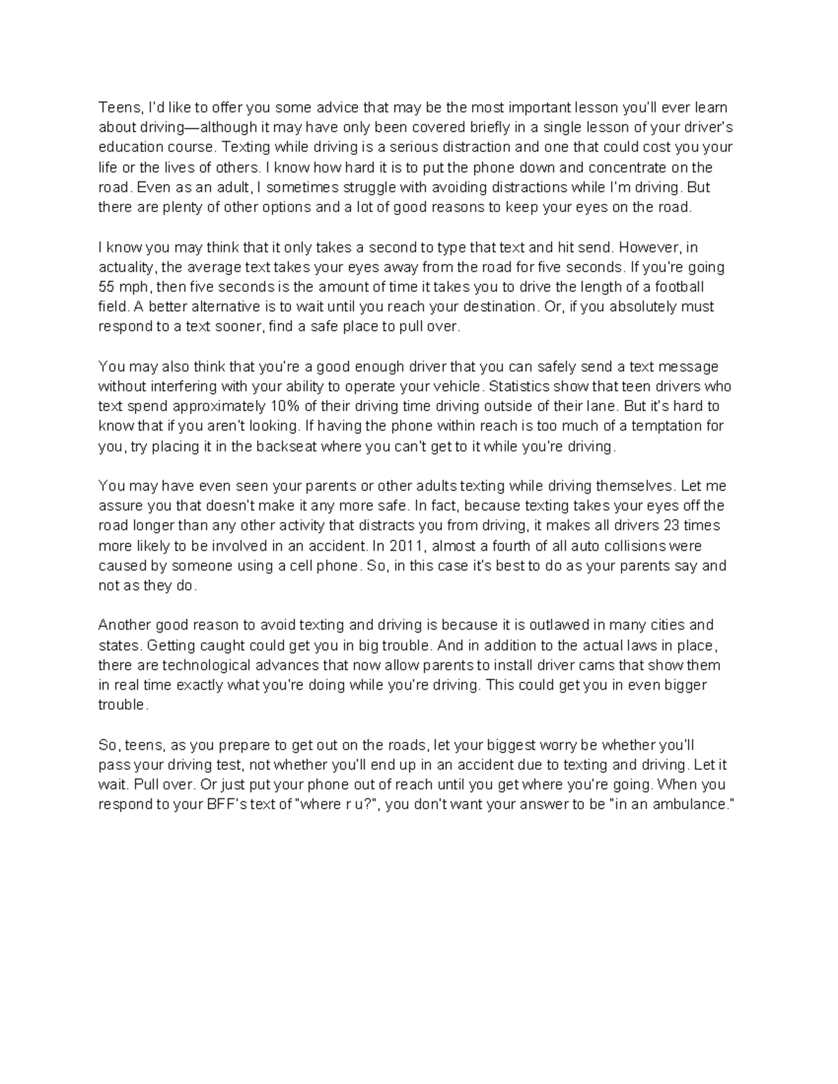 Persuasive Speech About Texting - Teens, I’d like to offer you some ...