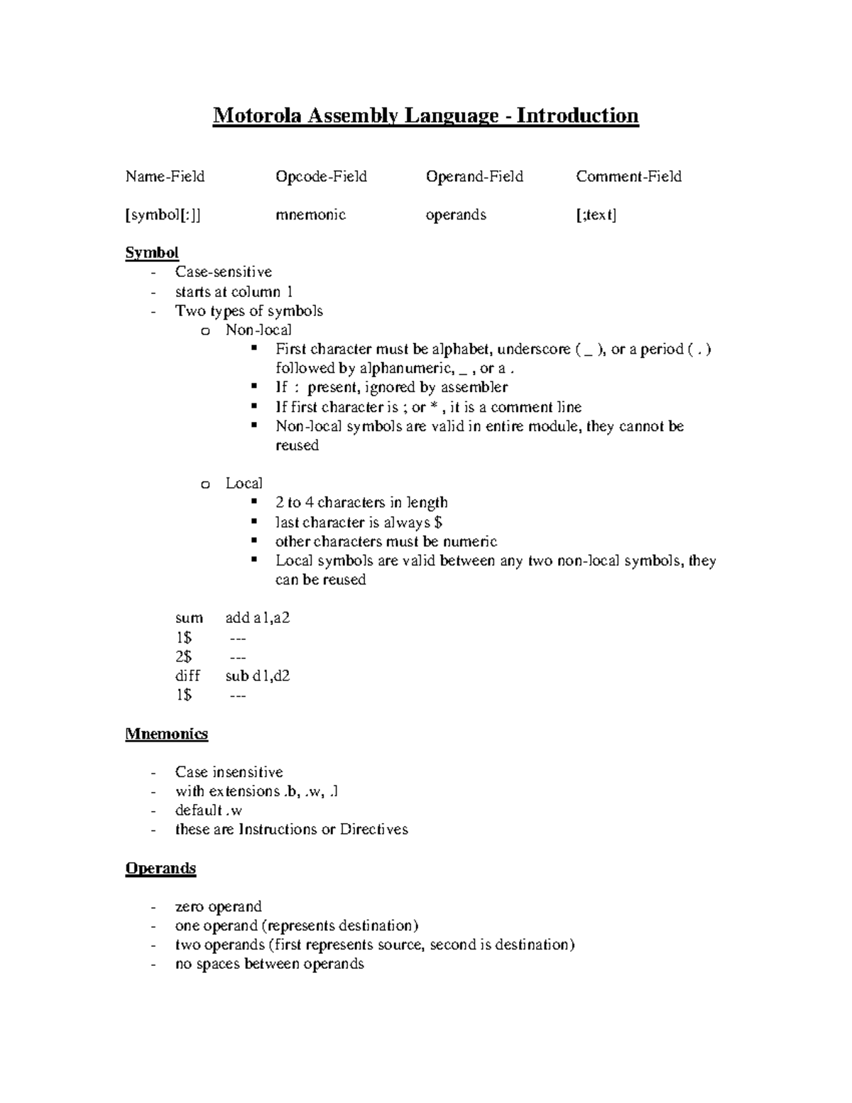 Lecture notes - motorola assembly language - introduction - Motorola ...