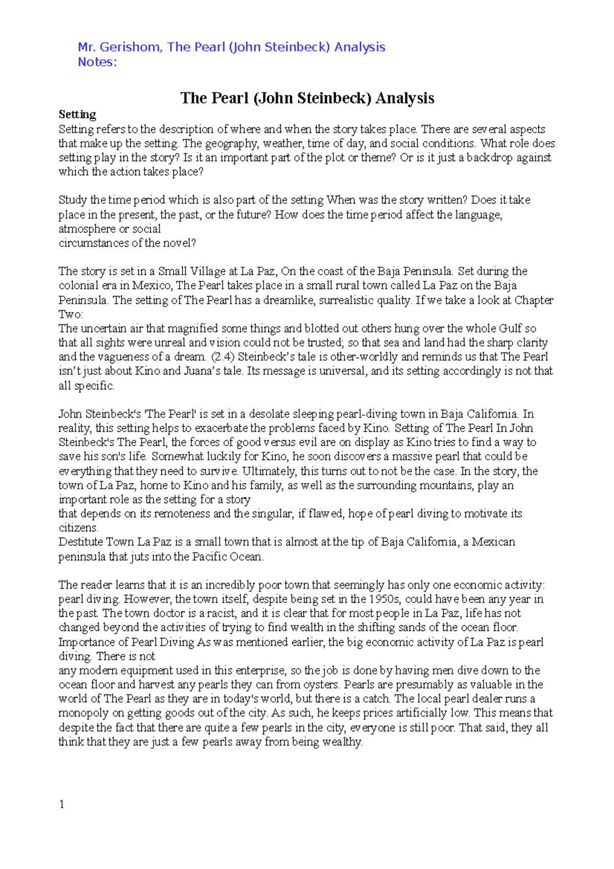 The Pearl By John Steinbeck Setting