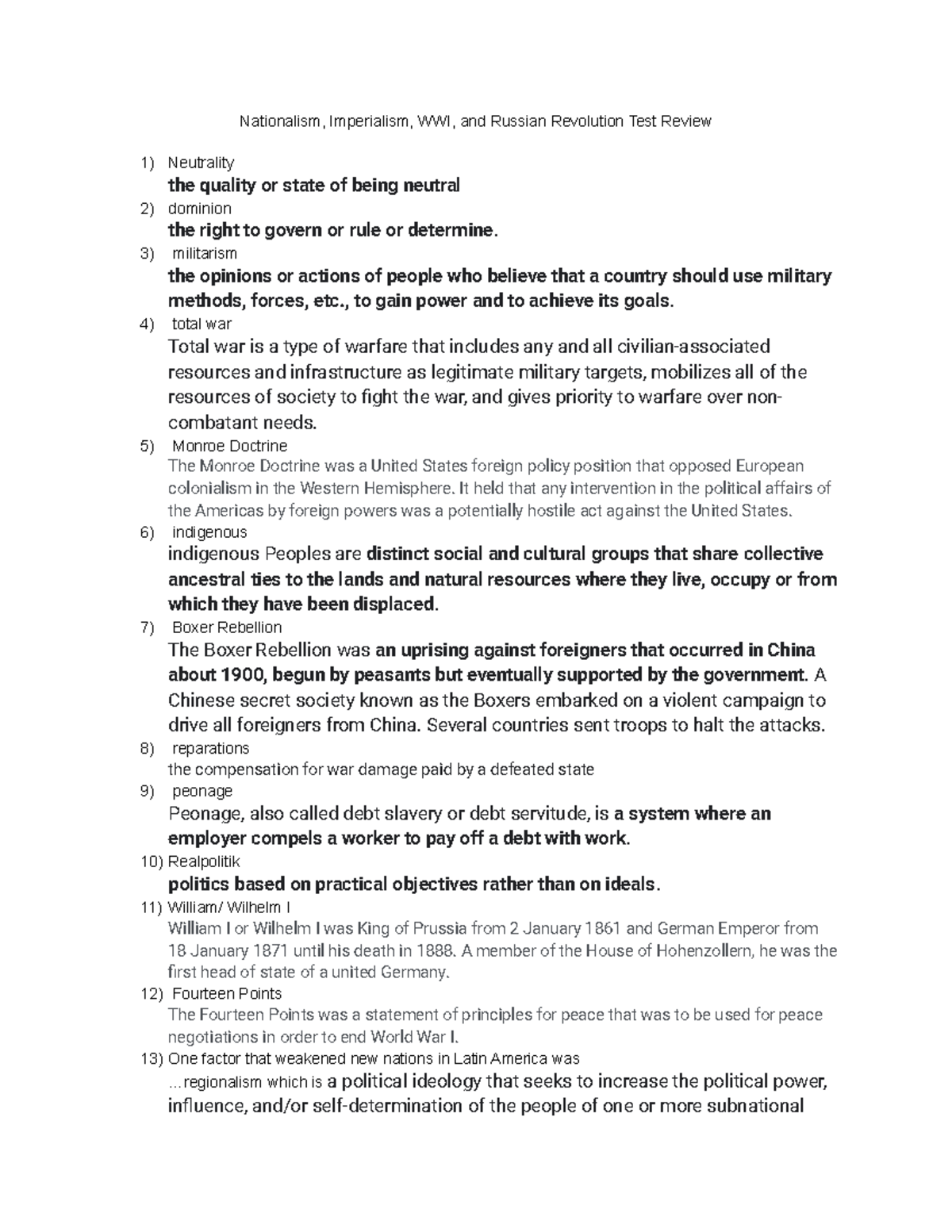 Copy of Nationalism, Imperialism, WWI, and Russian Revolution Test ...