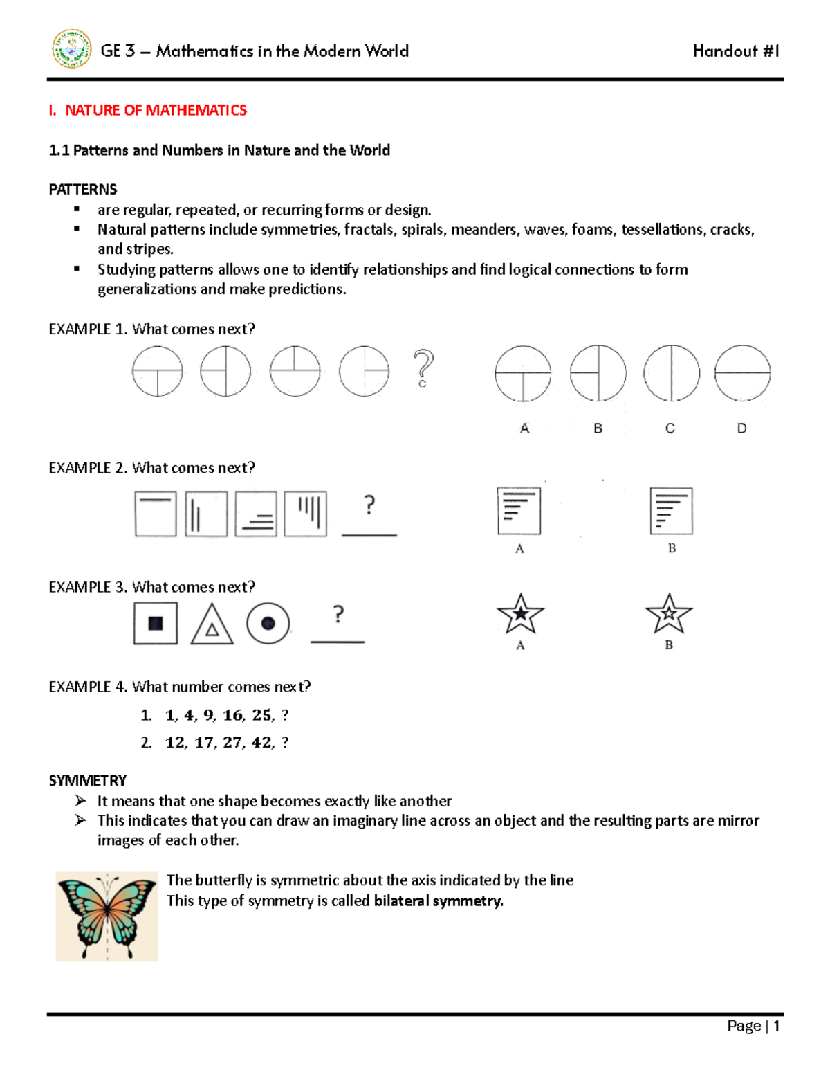 Handout 1 Nature of Math - I. NATURE OF MATHEMATICS 1 Patterns and ...