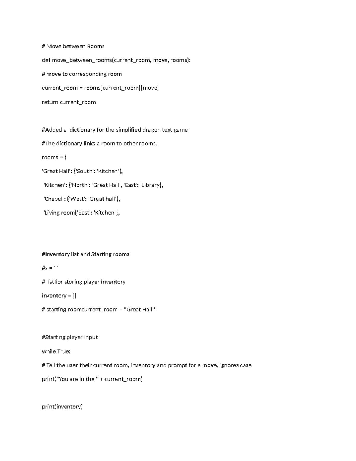Week 6 Project Pseudocode Game Move Between Rooms Def Move Between Rooms Current Room Move