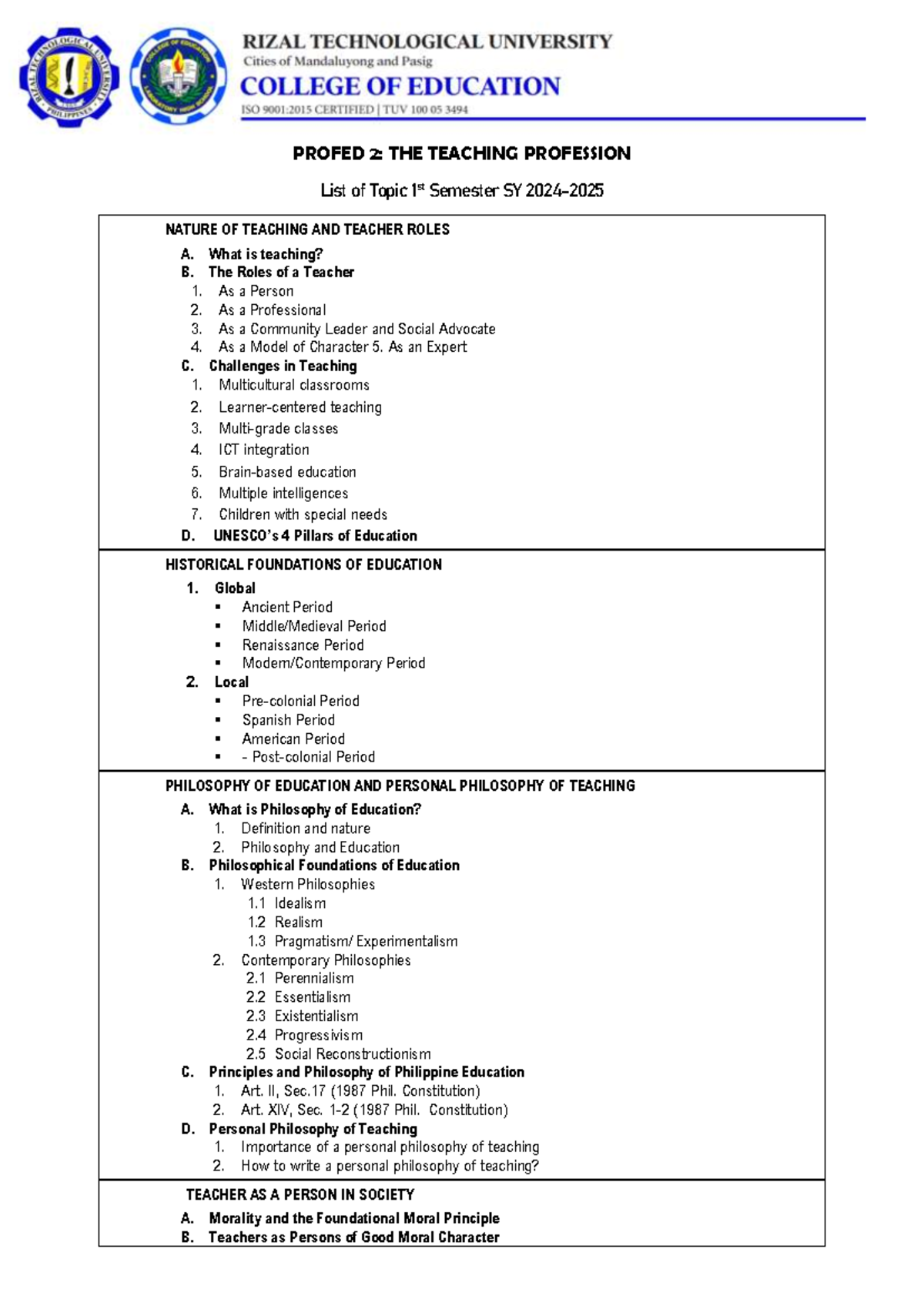 24 25 Profed 2 LIST OF Topics - PROFED 2: THE TEACHING PROFESSION List ...