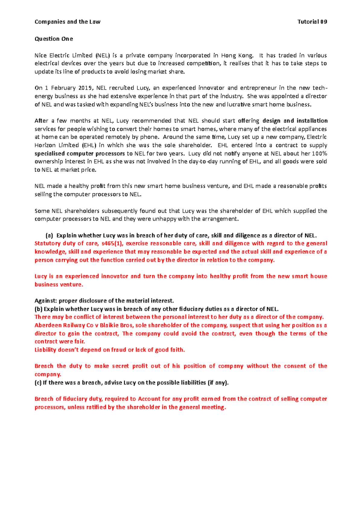 Tutorial-09 - tutorial Question - Companies and the Law Tutorial 09 ...