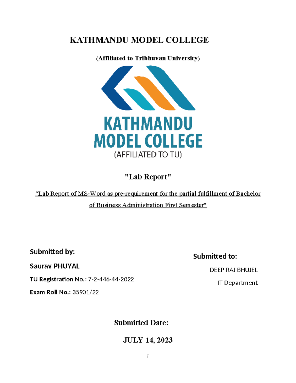 Report ms word - ... - KATHMANDU MODEL COLLEGE (Affiliated to Tribhuvan University) "Lab - Studocu