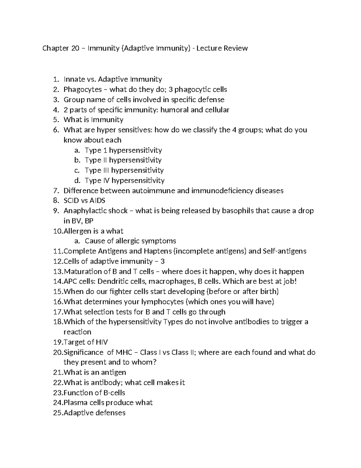 Ch 20 Immunity Lecture Review - Chapter 20 – Immunity (Adaptive ...