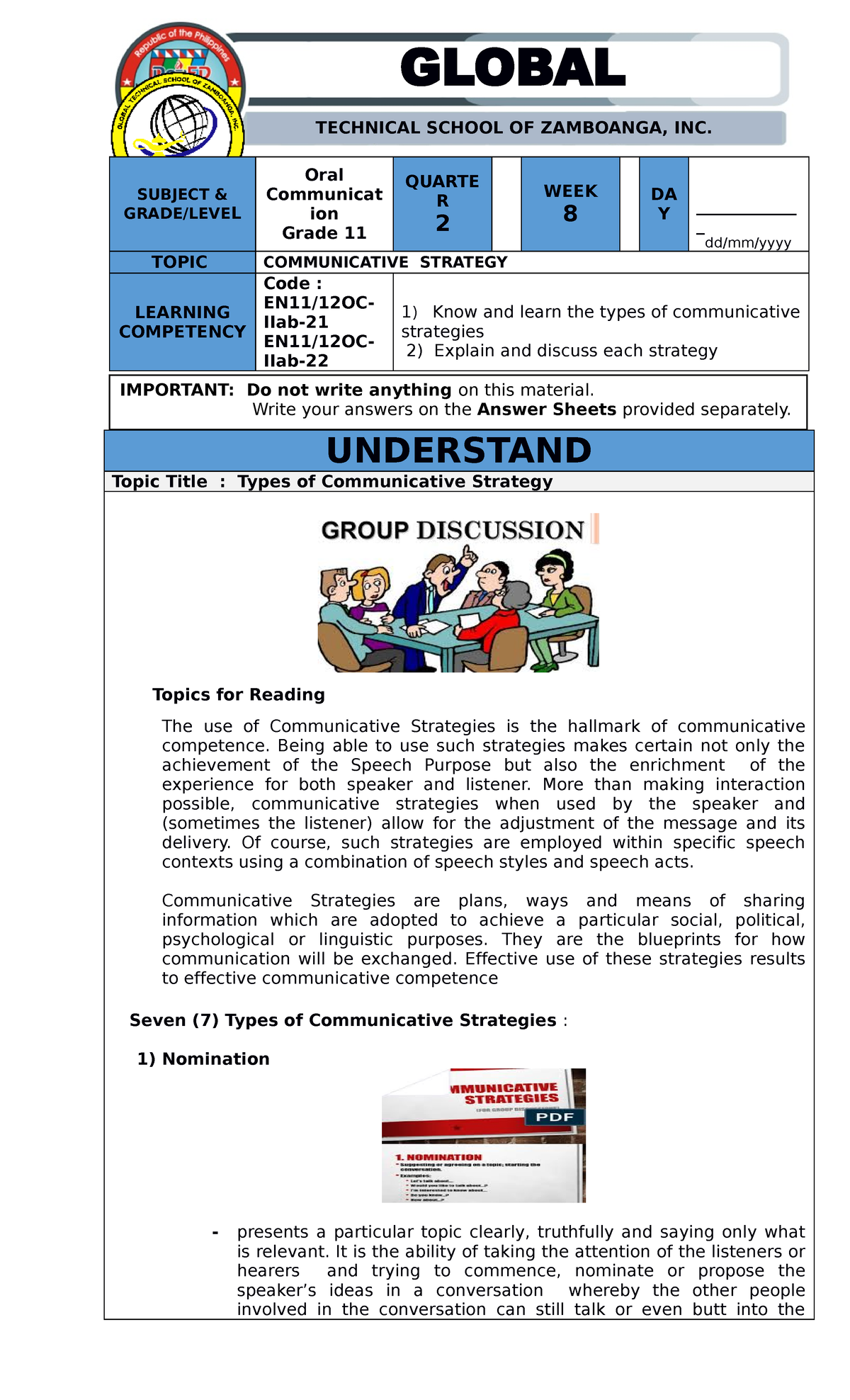 2021 Global Oral Q2 Module 8 - GLOBAL TECHNICAL SCHOOL OF ZAMBOANGA, INC. SUBJECT & GRADE/LEVEL ...
