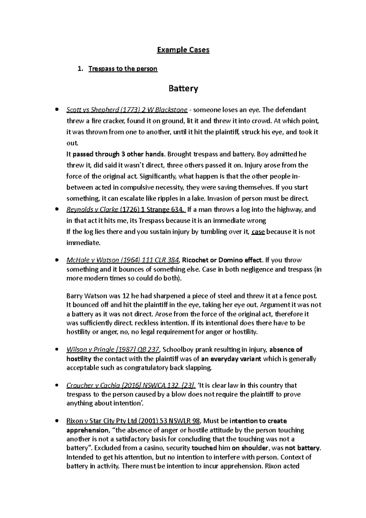 Tort Law Case Summary - Example Cases 1. Trespass to the person Battery ...