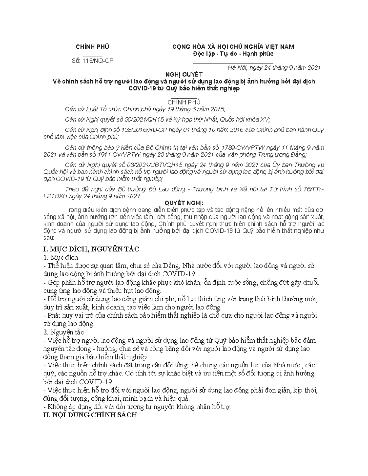 NGHỊ ĐỊNH 116 HỖ TRỢ NGƯỜI LAO ĐỘNG Covid 24 - CHÍNH PHỦ ______ Số: 116 ...