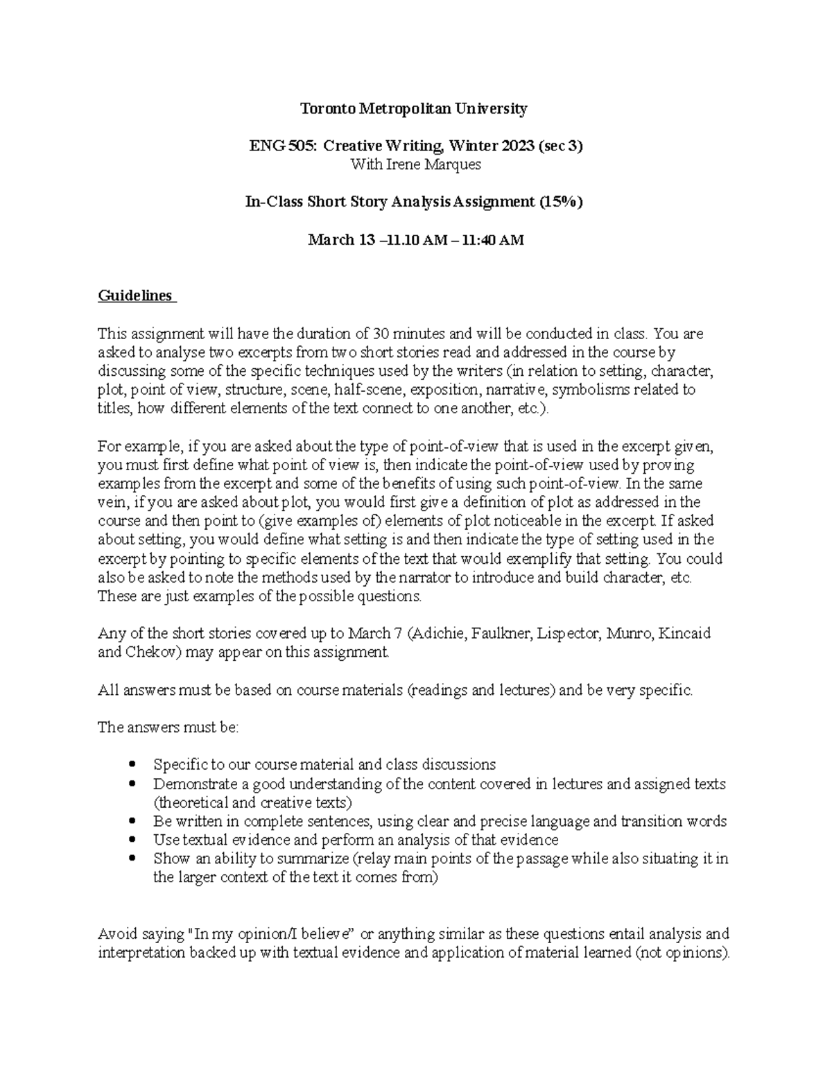 Guidelines Short Story Analysis Sec 3 - Toronto Metropolitan University ...