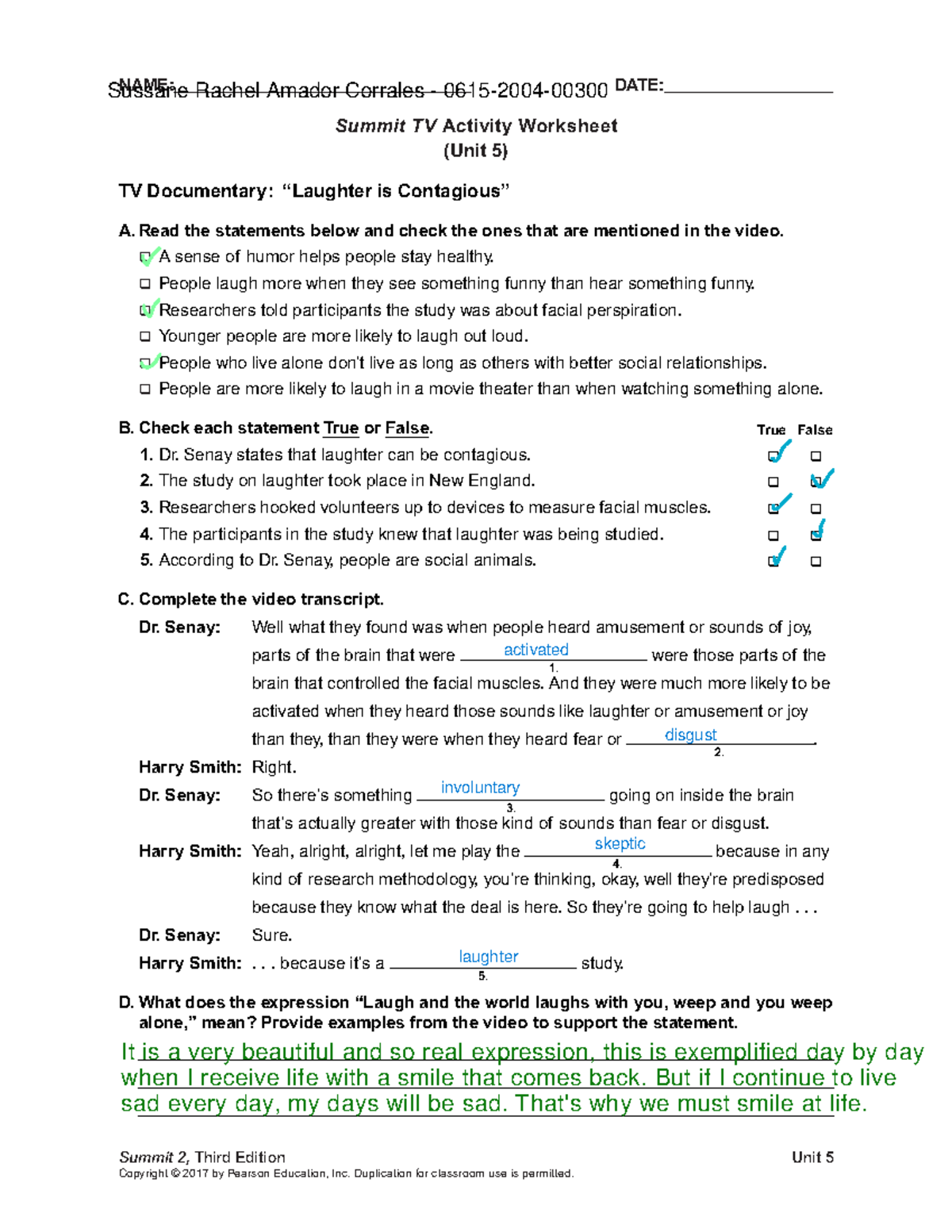 Summit TV 2 UNIT 5 - Copyright © 2017 by Pearson Education, Inc ...
