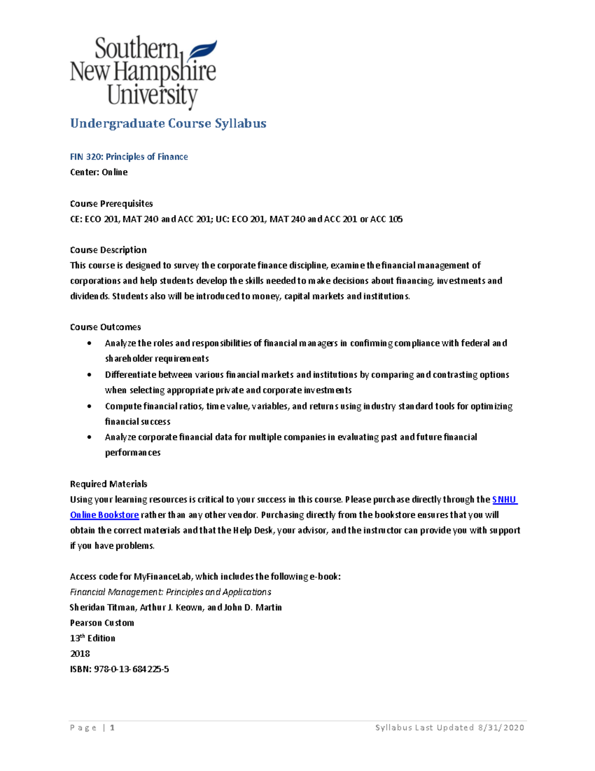 FIN 320 Syllabus - Undergraduate Course Syllabus FIN 320: Principles of ...