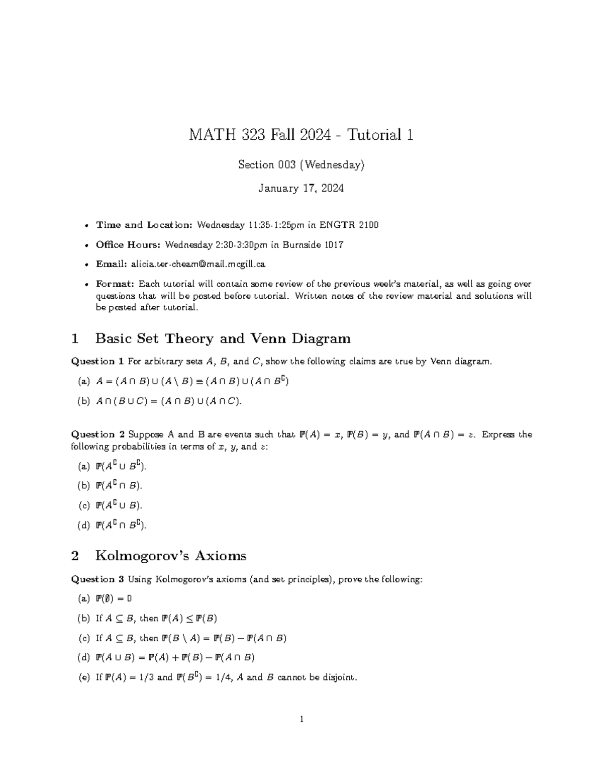MATH 323 - Tutorial 1practice - MATH 323 Fall 2024 - Tutorial 1 Section 003 (Wednesday) January ...