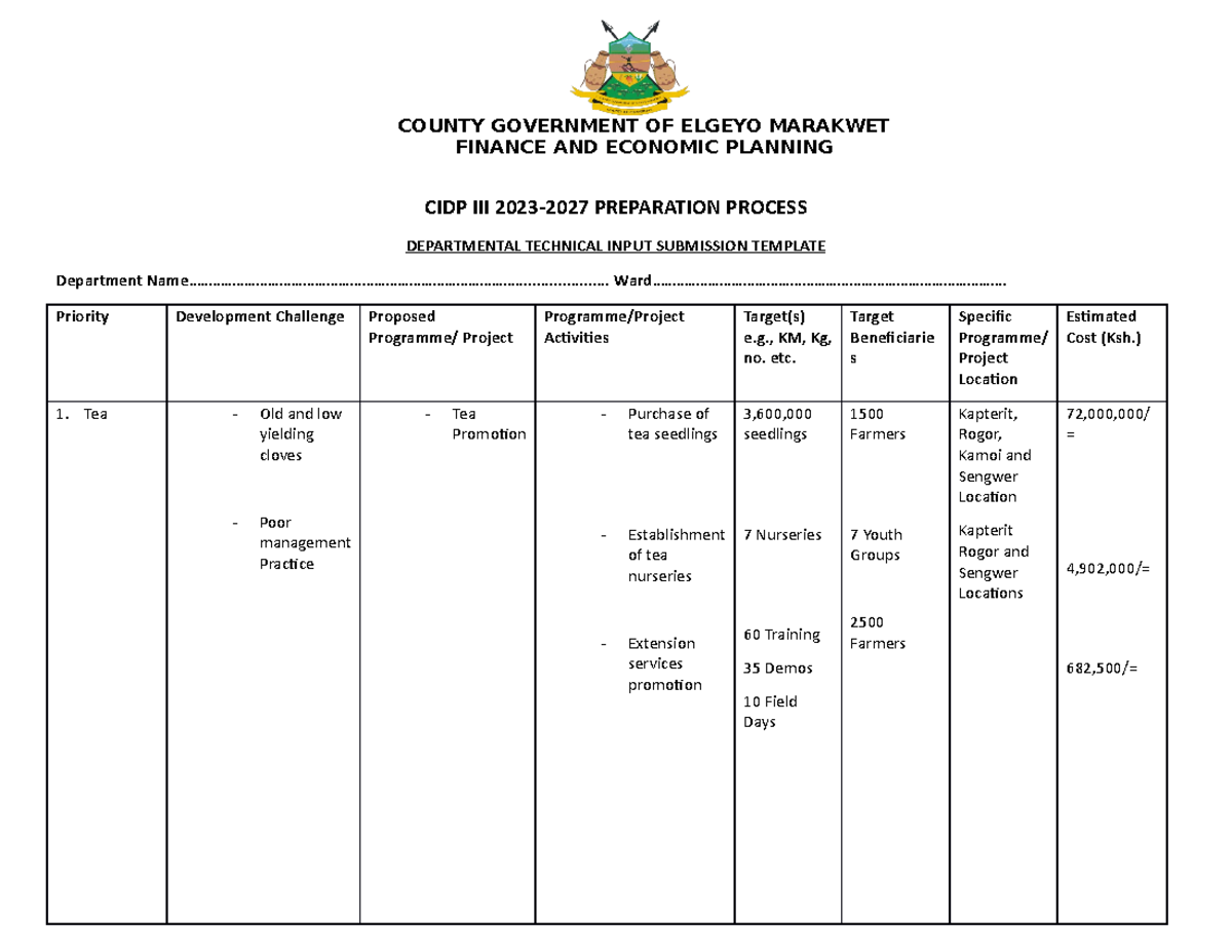 CIDP III Programme Project Template - COUNTY GOVERNMENT OF ELGEYO ...