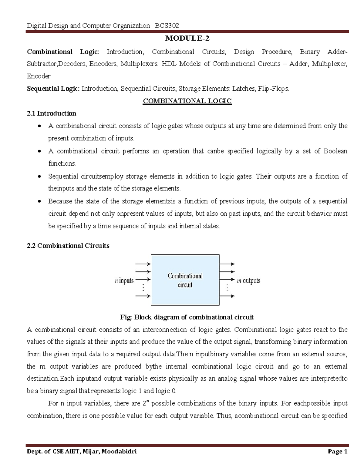 M2 - syllubus - MODULE- Combinational Logic: Introduction, Combinational Circuits, Design ...