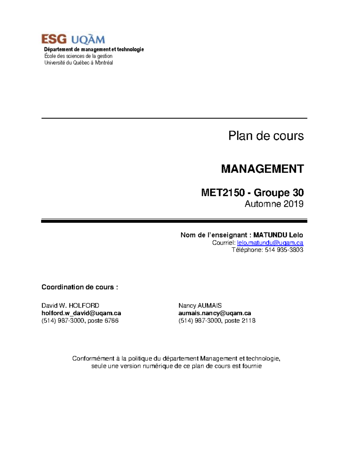 MET2150 - 30 Plan cours - Automne 2019 [1595] - Warning: TT: undefined function: 32 Plan de ...