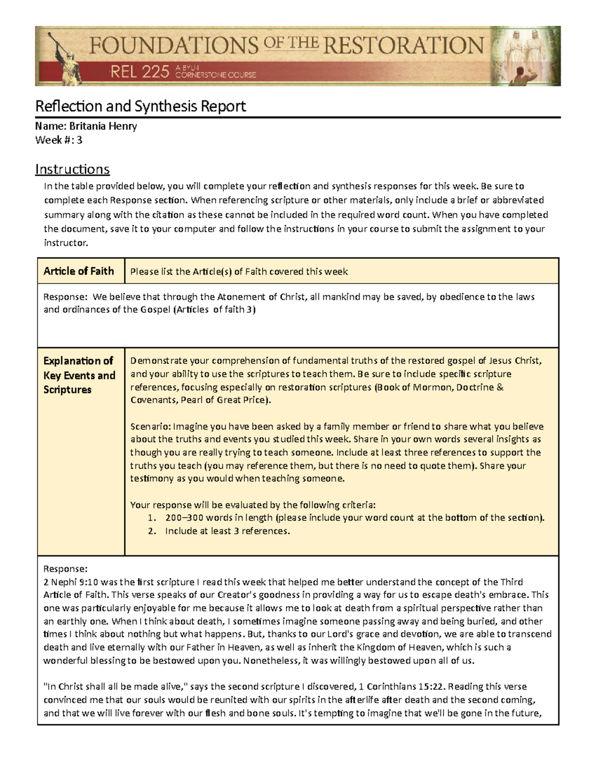 Week 3-Religion Reflection FDREL Articles of faith - Reflection and ...