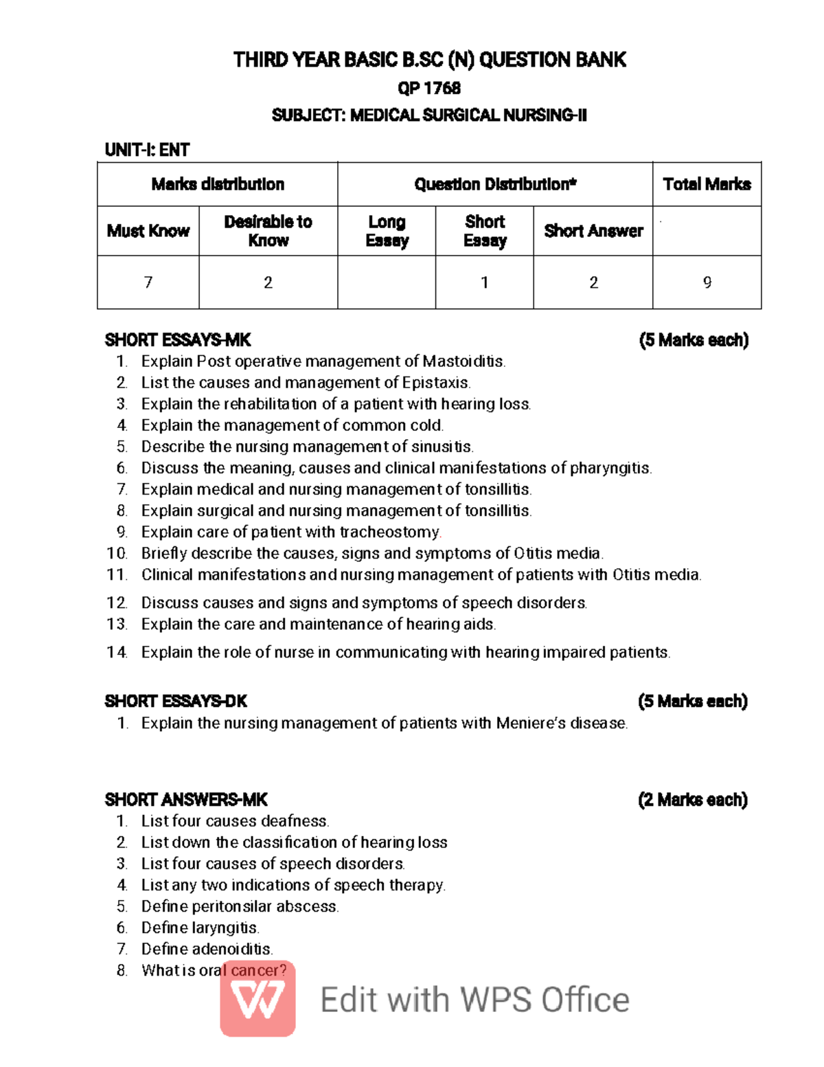 1768-QP BANK - 3rd year blue print bsc nursing - QP 1768 SUBJECT: MEDICAL SURGICAL NURSING-II ...