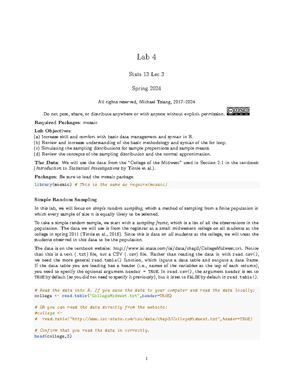 Lab4 Lec3 - lab - Lab 4 Stats 13 Lec 3 Spring 2024 All rights reserved, Michael Tsiang, 2017– Do ...