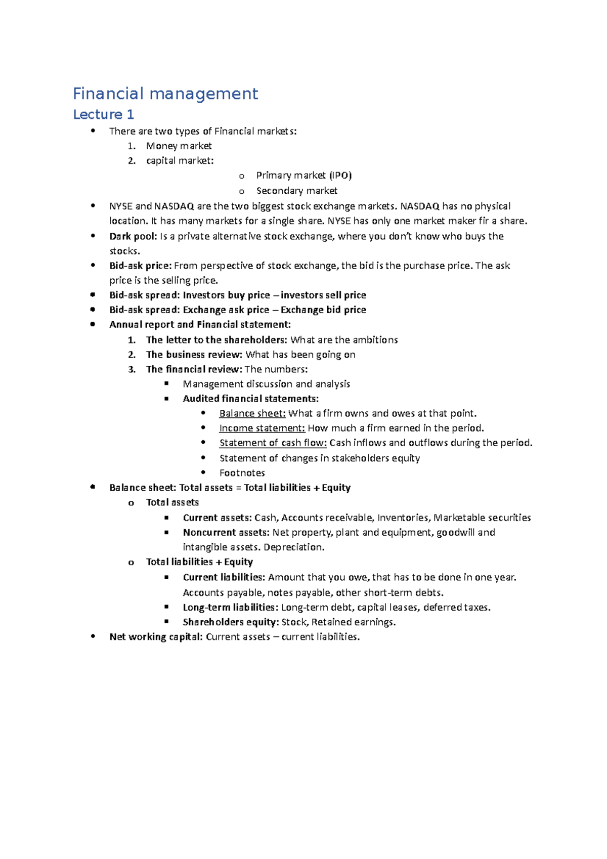 Summary lectures financial management - Financial management Lecture 1 ...