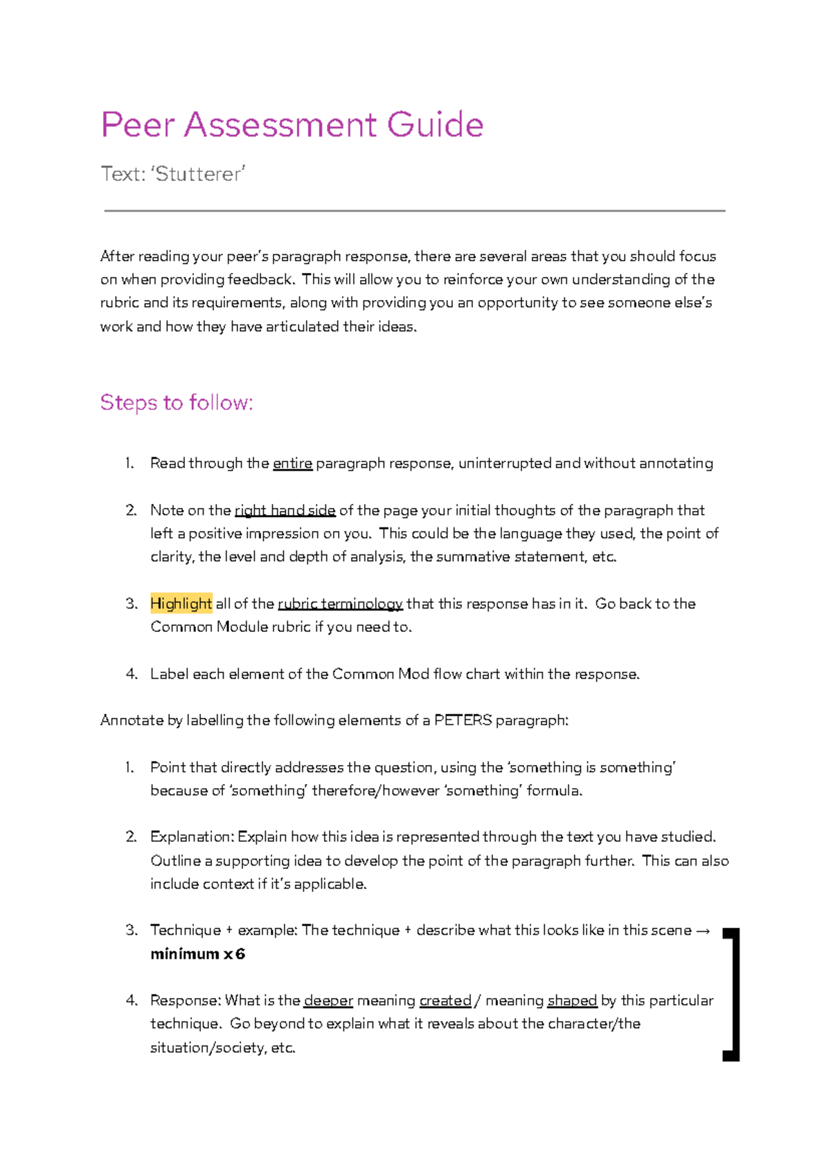 Peer Assessment Guide - Peer Assessment Guide Text: ‘Stutterer’ After ...