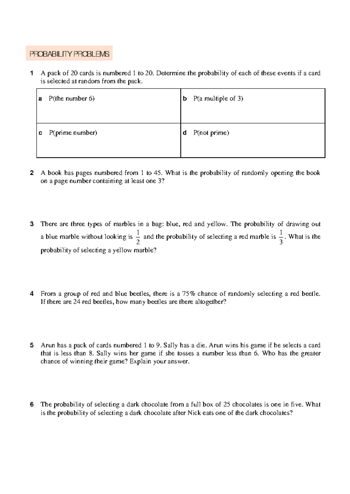 Probability-problems - PROBABILITY PROBLEMS 1 A pack of 20 cards is ...