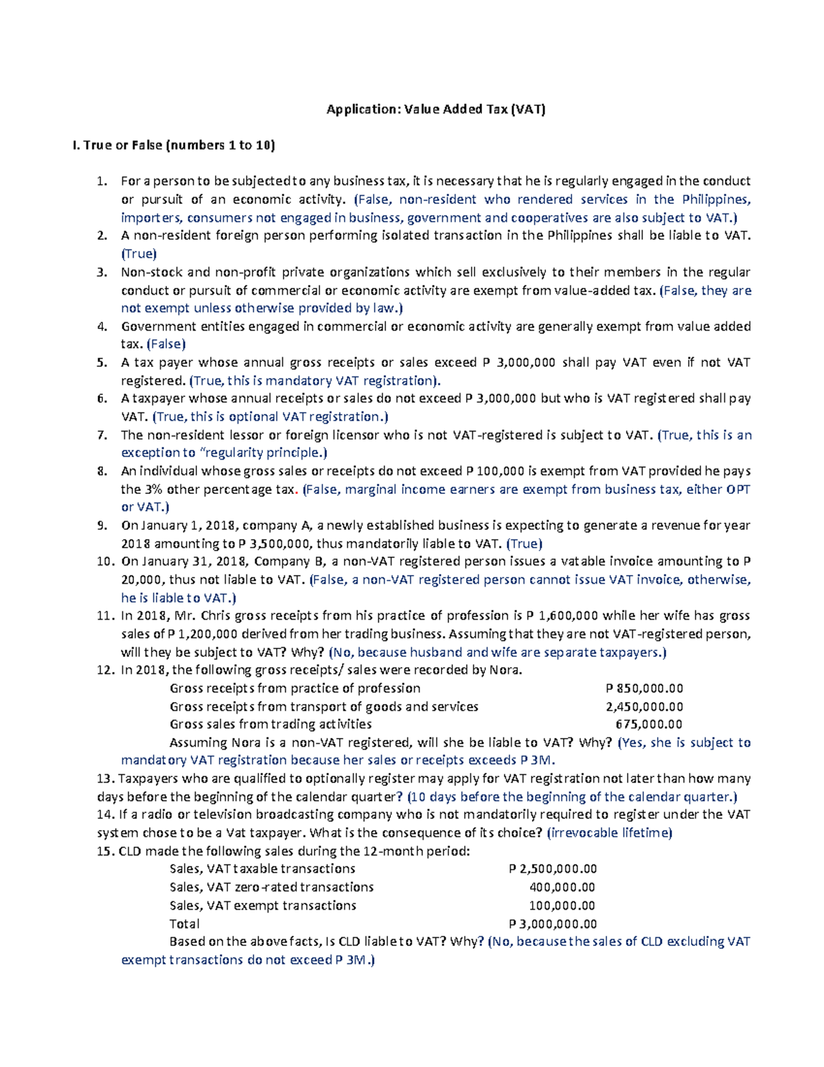 VAT Review Questions With Explanations - Application: Value Added Tax ...