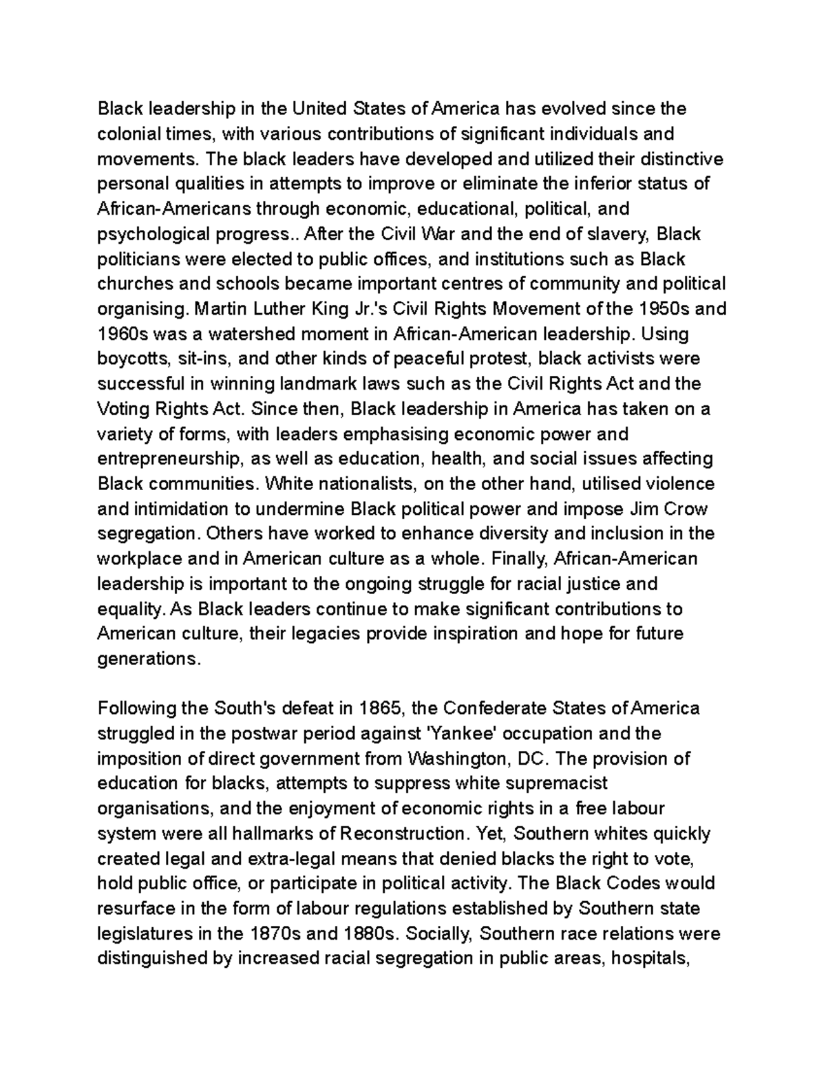 Black Leadership - The black leaders have developed and utilized their ...