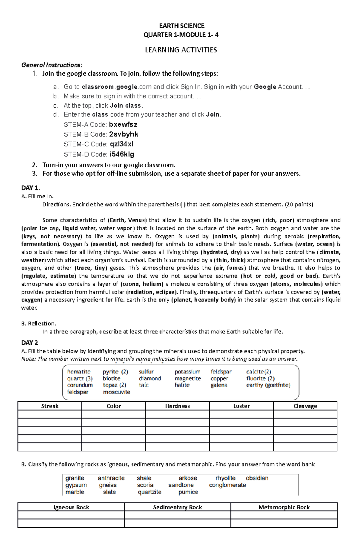 Earth Science week 1 activities - EARTH SCIENCE QUARTER 1-MODULE 1- 4 ...