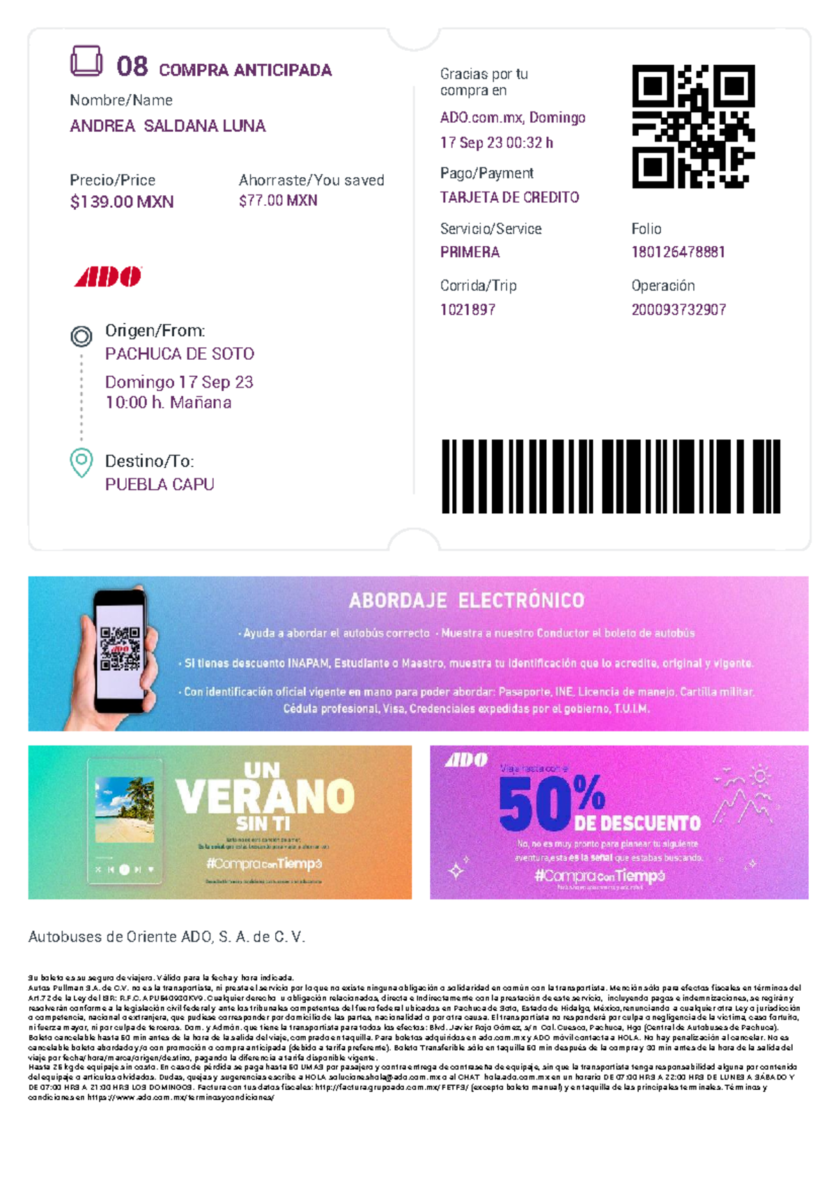 Tu Boleto ADO editable - 1021897 Corrida/Trip ANDREA SALDANA LUNA ...