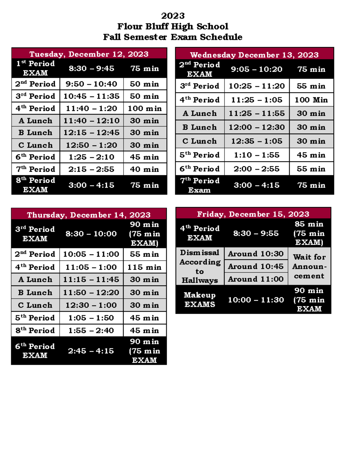 FBHS 2023 Fall Exam Schedule - 2023 Flour Bluff High School Fall ...