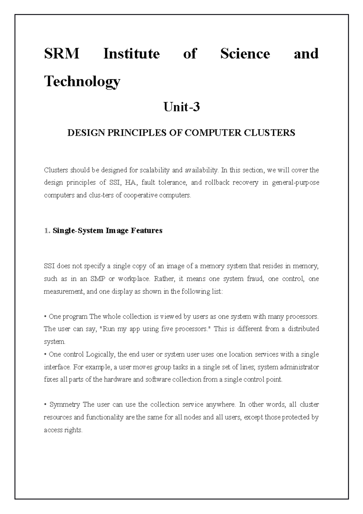 Design Principles OF Computer Clusters - SRM Institute of Science and Technology Unit- DESIGN ...