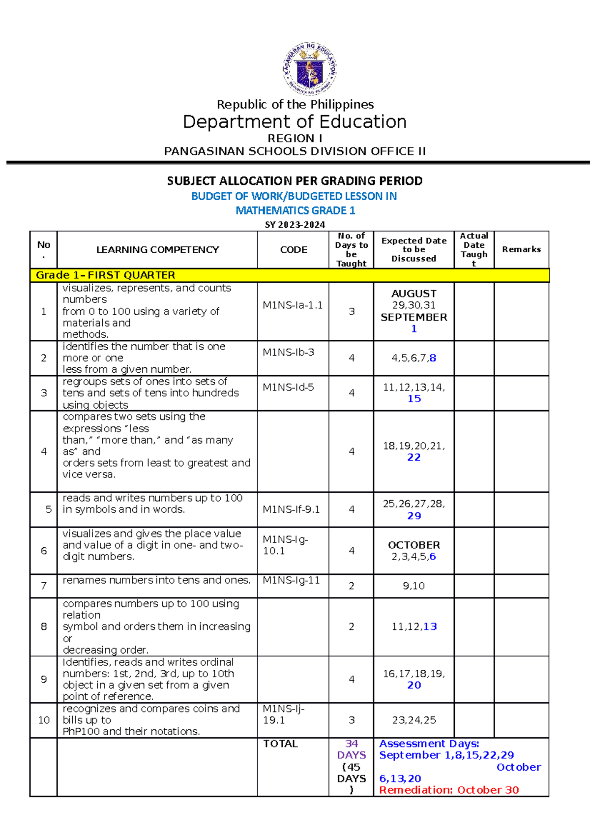 BOW Budgeted Lesson Math Grade 1 SY 2023 24 Quarter 1 - Republic of the ...
