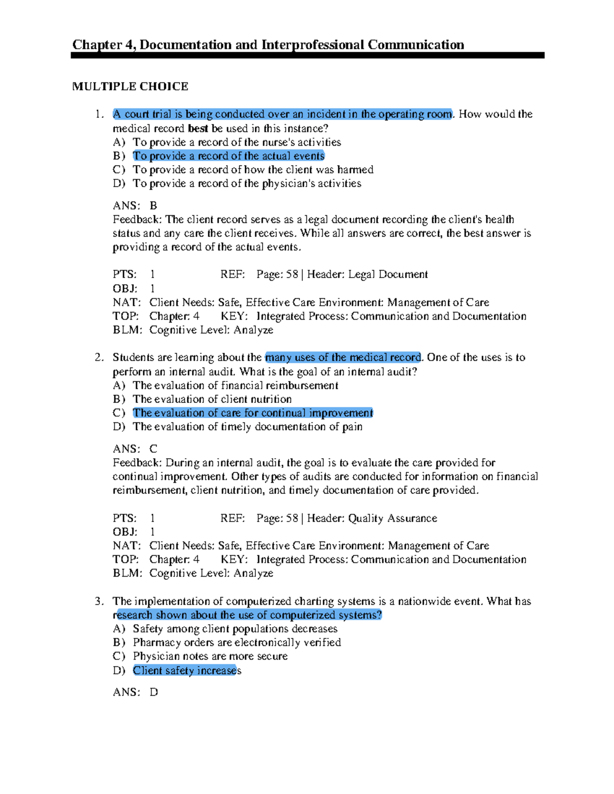 HA 4 - study bank - Chapter 4, Documentation and Interprofessional Communication MULTIPLE CHOICE ...